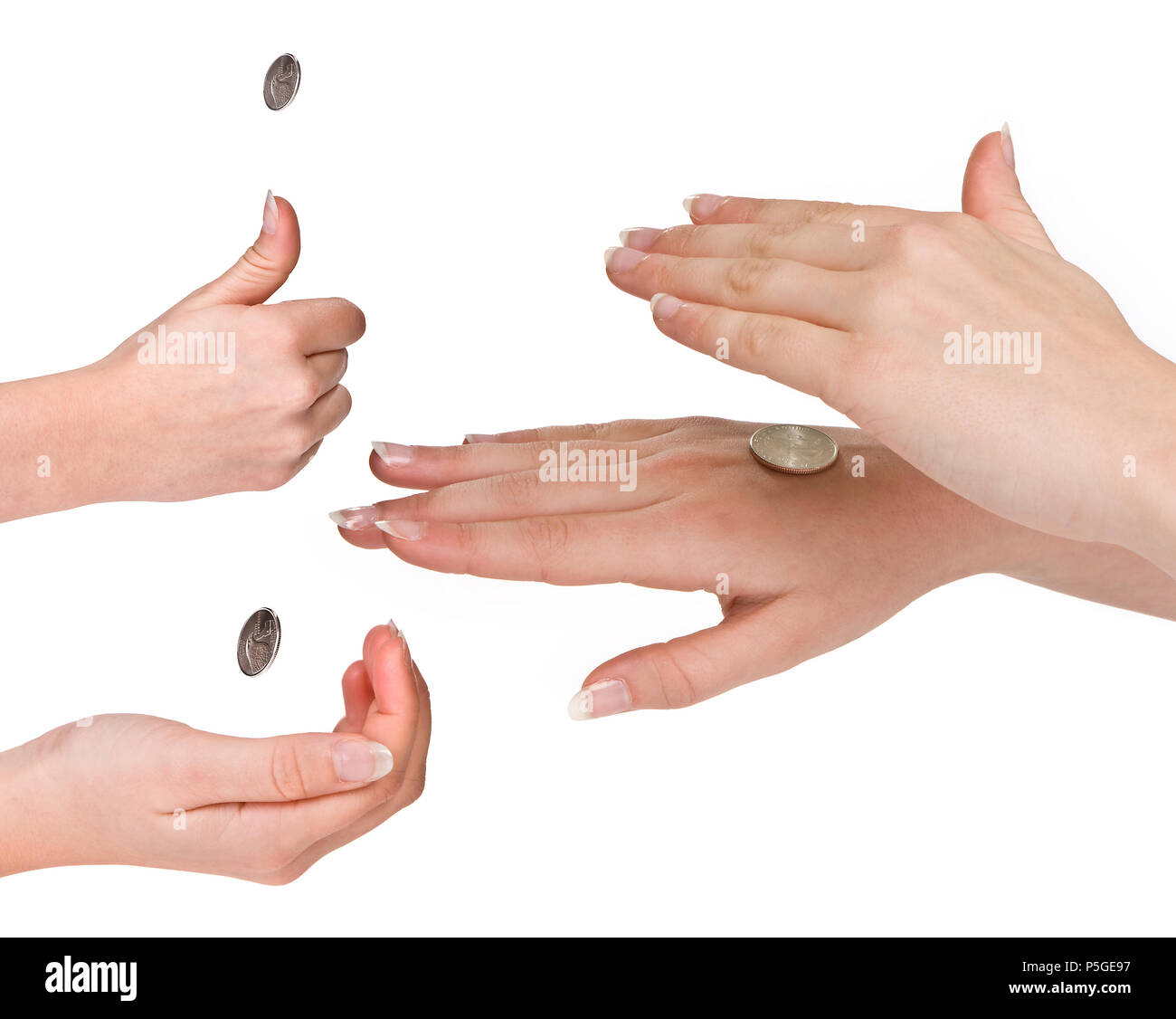Hands of a woman in the three fases of flipping a coin Stock Photo - Alamy