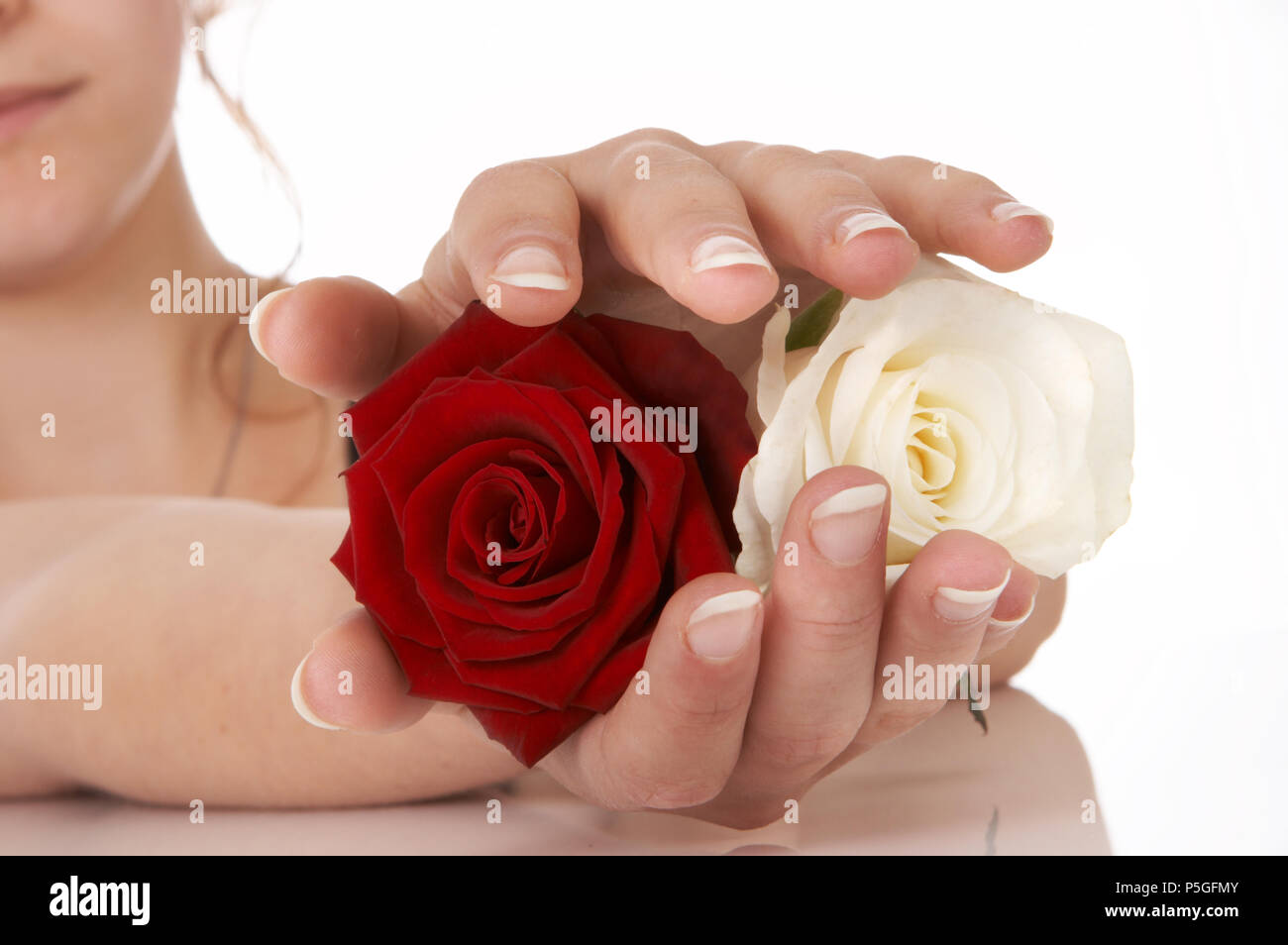 Elegant, well manicured female hands holding two roses Stock Photo - Alamy