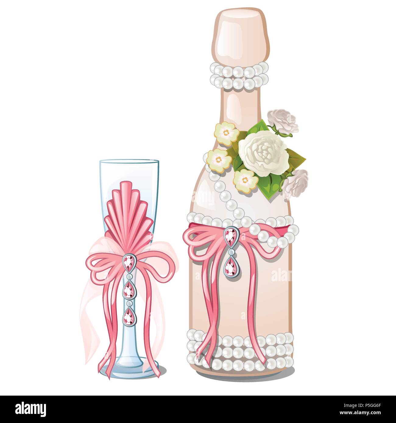 Bottle of sparkling wine and wineglass decorated in wedding style with ...