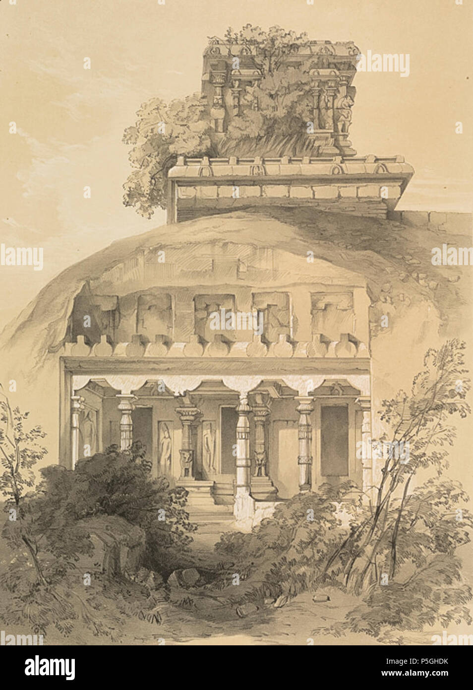1839 lithograph of a structural temple on top of a cave temple in ...