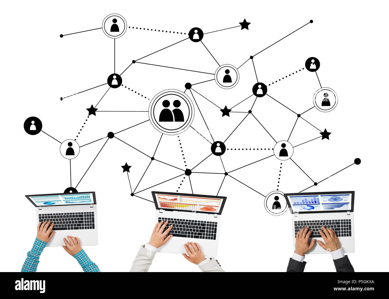 Group of three people with devices in hands working together as symbol ...