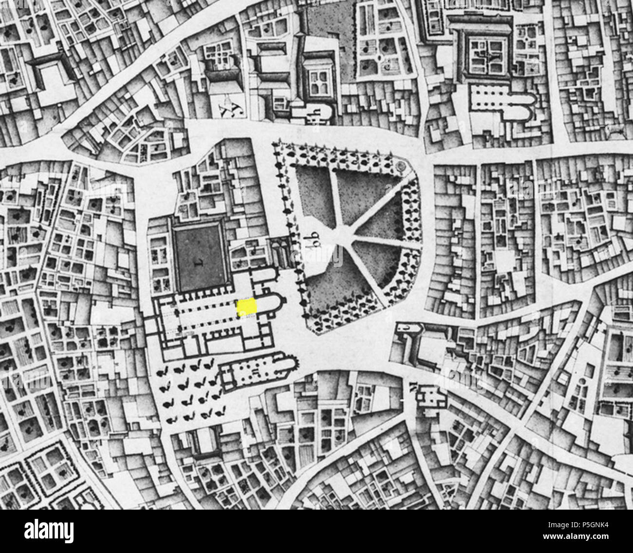 N/A. English: Location (marked in yellow) of the 1711 demolition of the ...