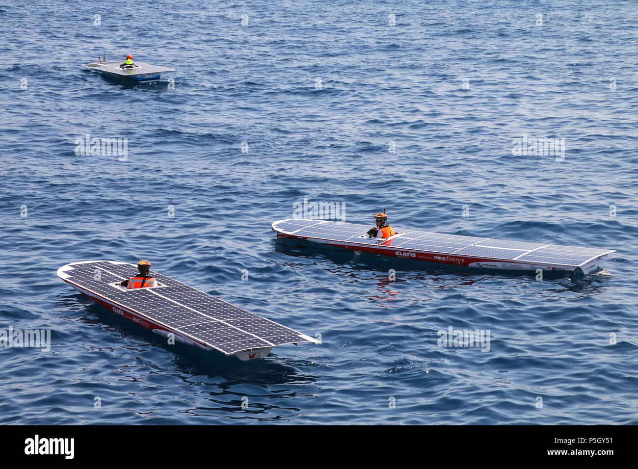 Solar boats in Port Hercules during Monaco Solar Boat Challenge. It is ...