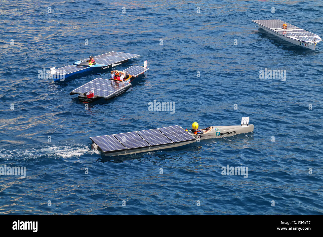 Solar boats in Port Hercules during Monaco Solar Boat Challenge. It is ...