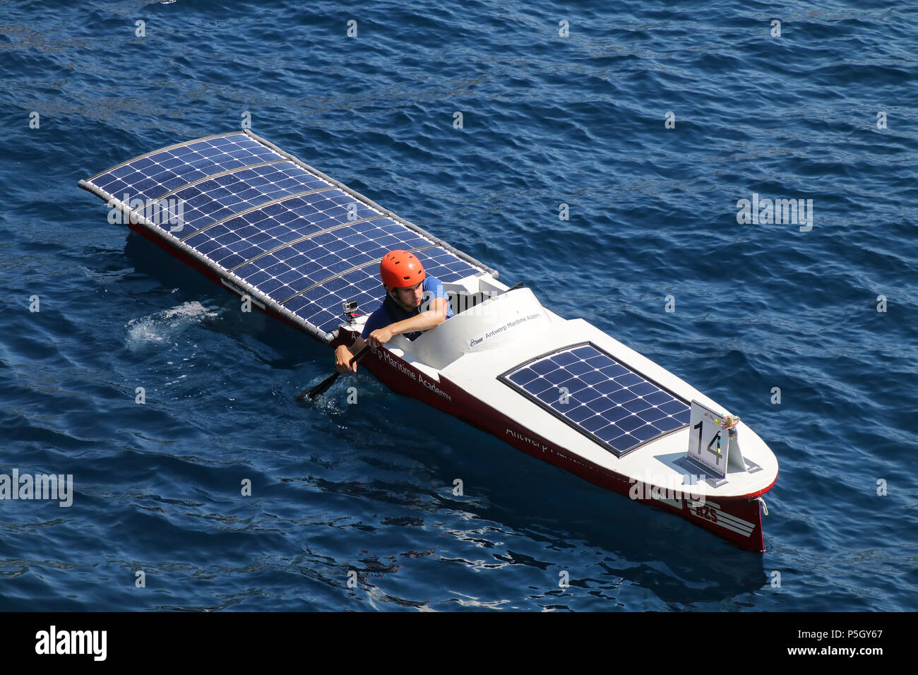 Solar boat in Port Hercules during Monaco Solar Boat Challenge. It is ...