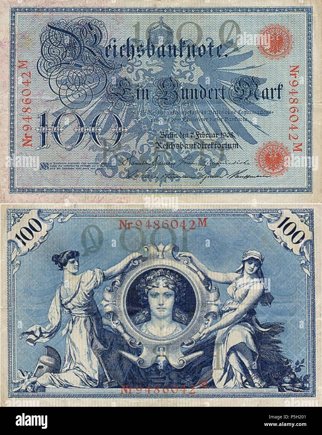 N/A. Deutsch: 100 Mark Reichsbanknote . 7 February 1908. Reichbanksdirektorium, Germany 13 100 ...