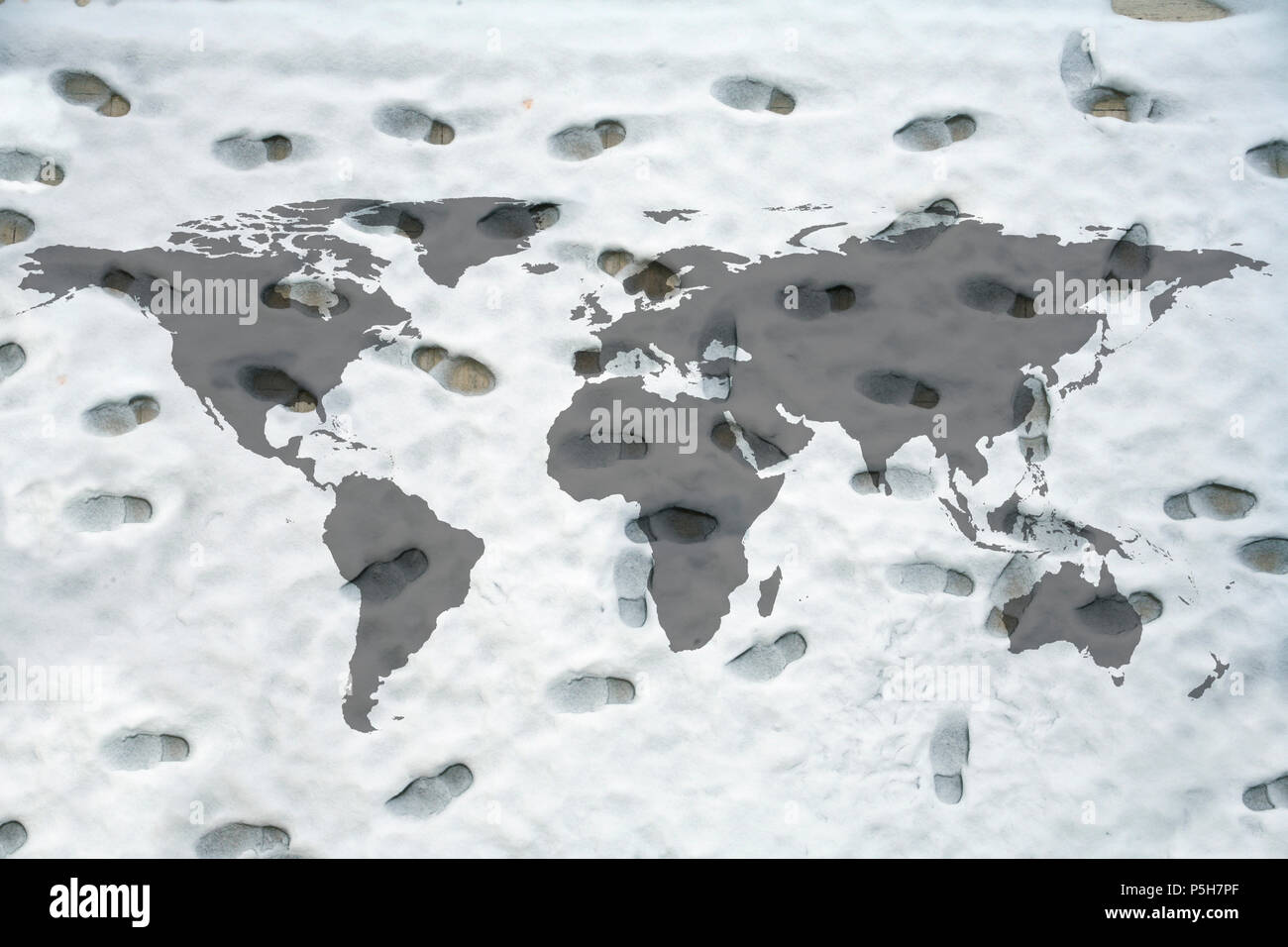 an image of footprints and world map on the snow Stock Photo - Alamy