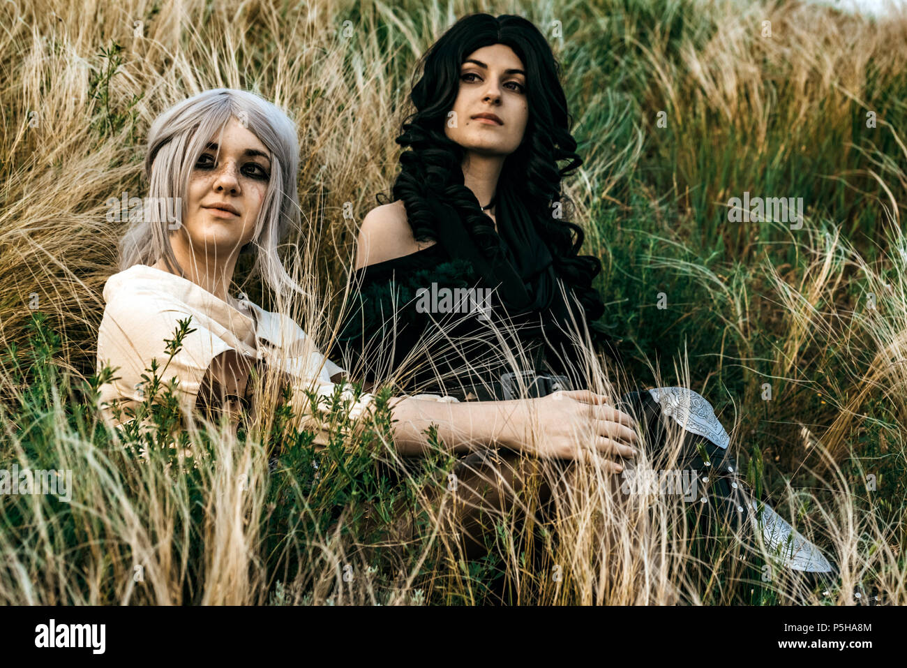 Fantasy cosplay two beautiful sit together in grass Stock Photo - Alamy