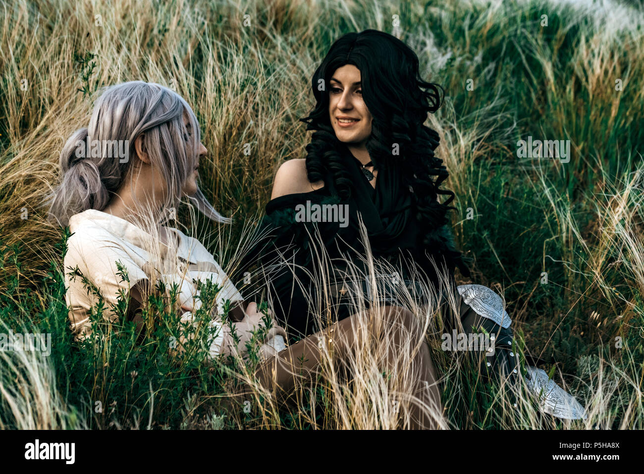 Fantasy cosplay two beautiful sit together in grass Stock Photo - Alamy