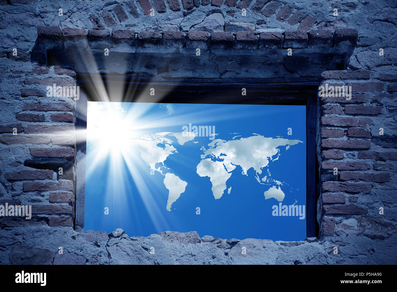 conceptual image of world map and sunny sky. Furnished NASA world map ...