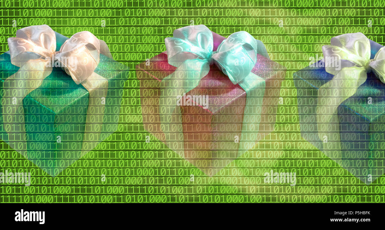 colorful gift boxes over binary code background Stock Photo - Alamy