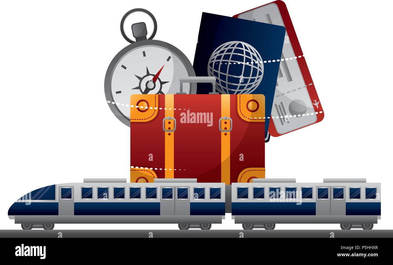 travel train suitcase passport compass ticket vector illustration Stock ...