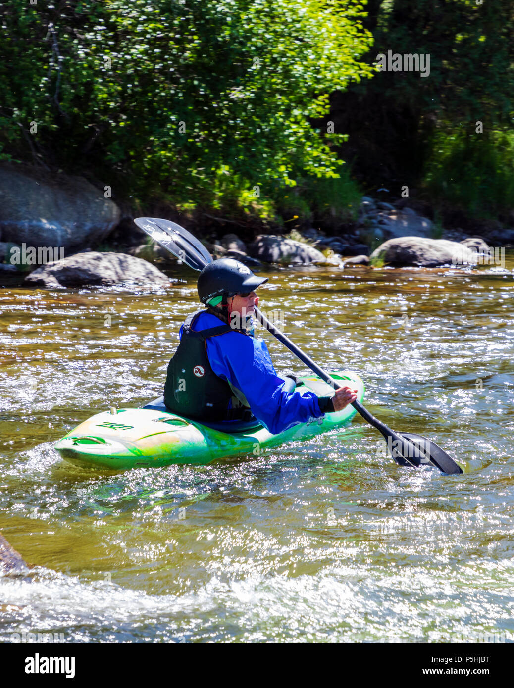 Female whitewater kayaker, Arkansas River, Salida, Colorado, USA Stock ...