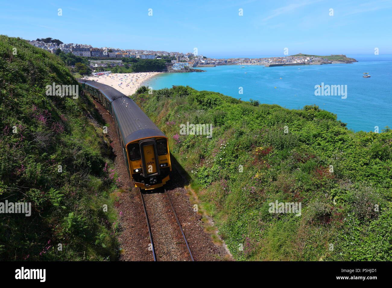 The Train to St Ives, Cornwall, with Porthminster Beach in the ...