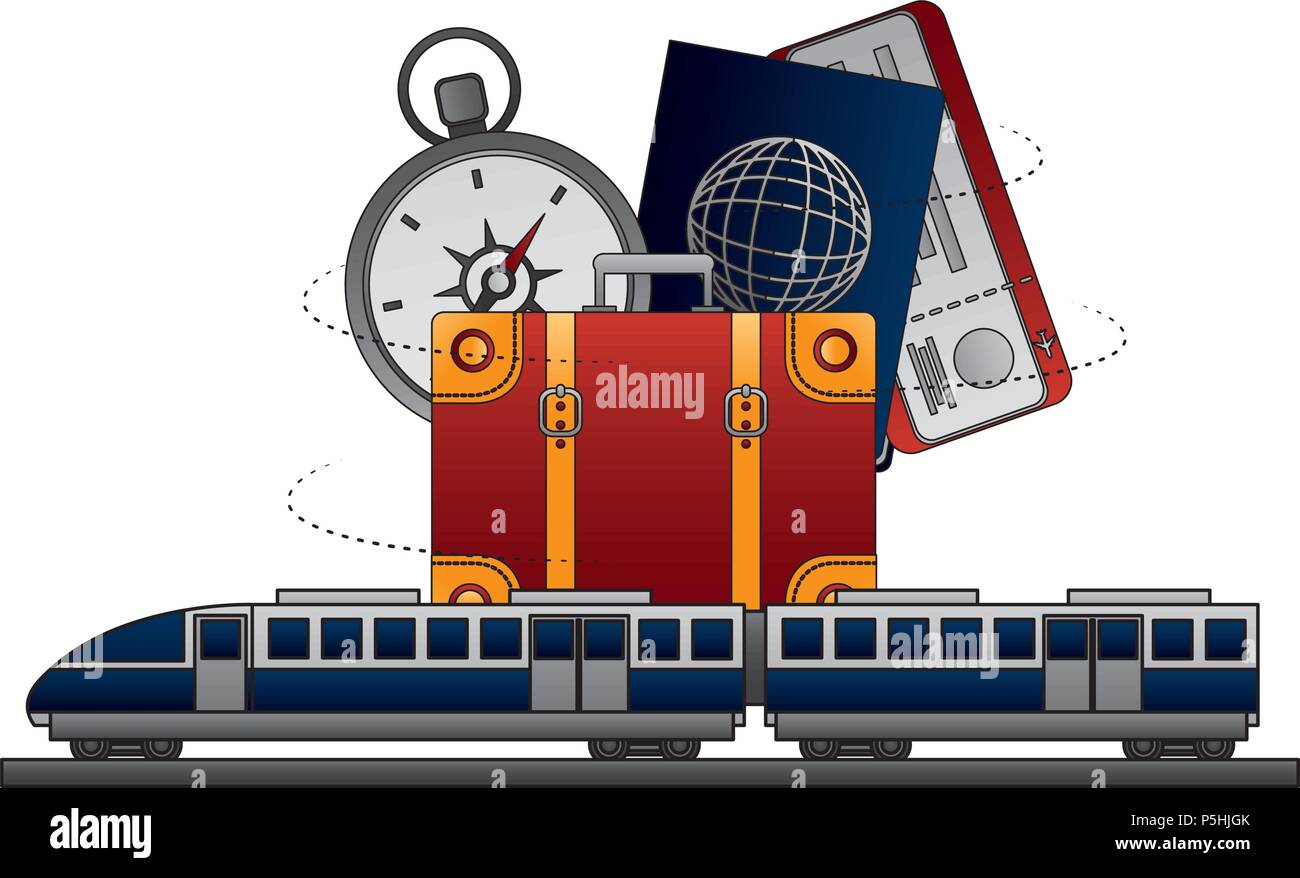 travel train suitcase passport compass ticket vector illustration Stock ...