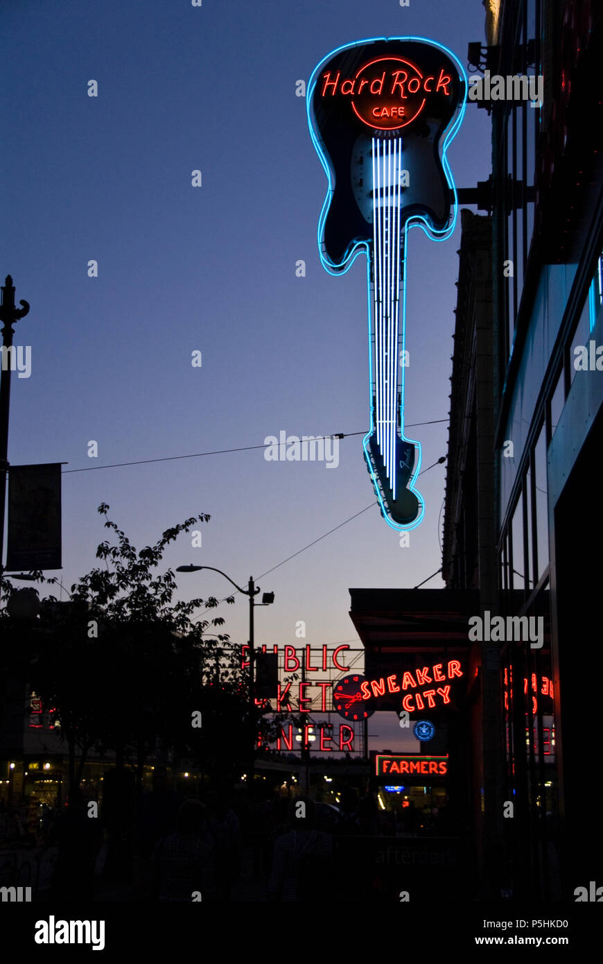 A neon "Hard Rock Cafe" sign at sunset in Seattle, Washington Stock ...