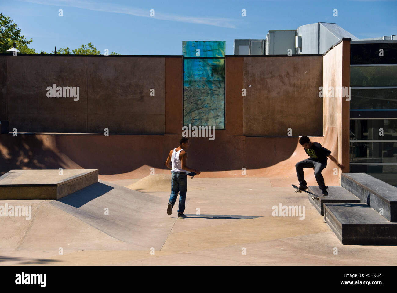 Skateboarders practice jumps at the skate park at the Seattle Center ...