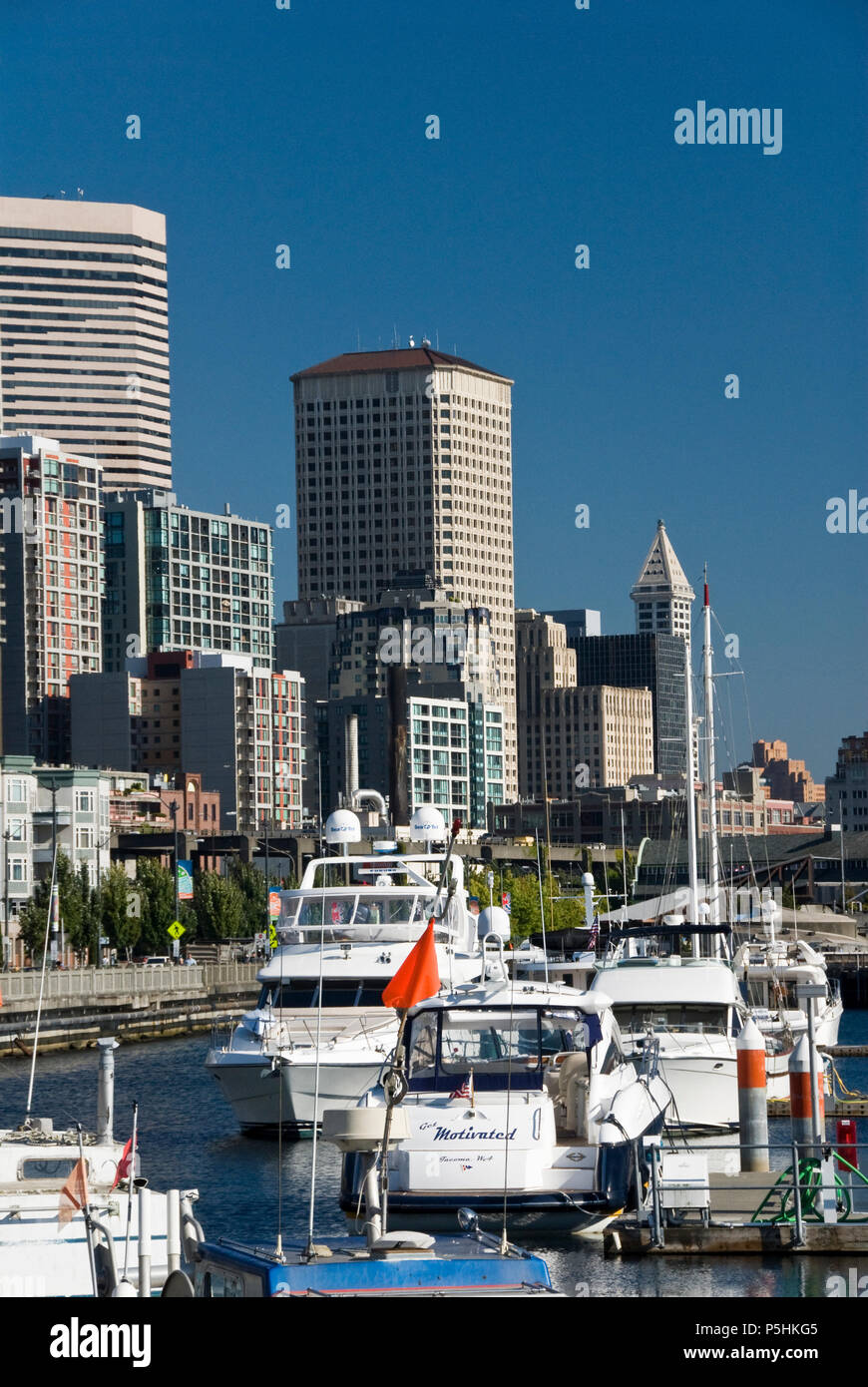 Boats are moored at the waterfront marina, close to downtown Seattle ...