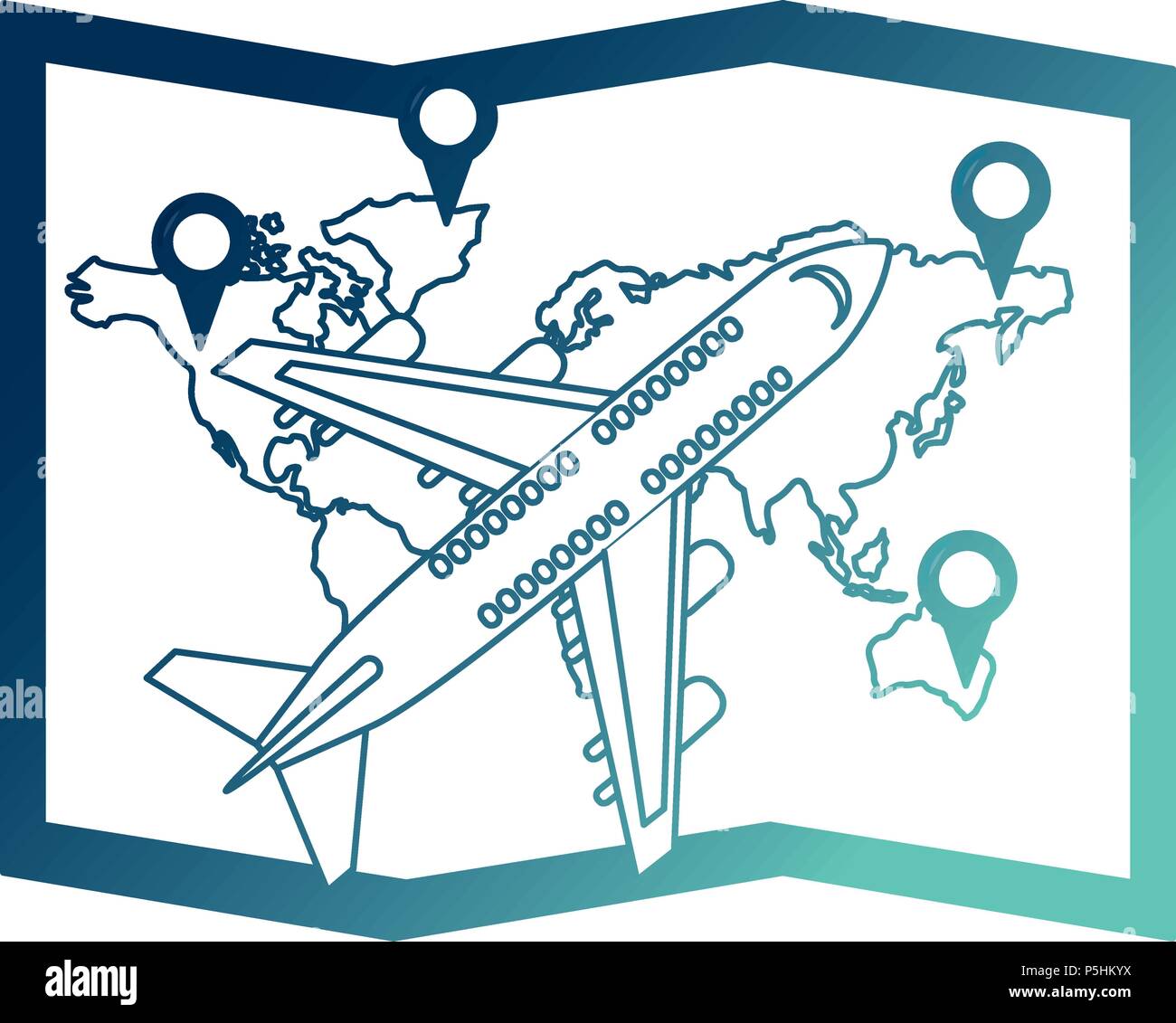 airplane flying with world paper map and pin location vector ...