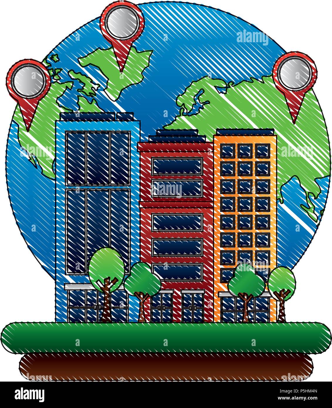 cityscape buildings with planet earth and pin location vector ...