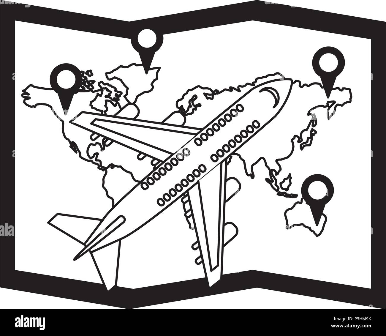 airplane flying with world paper map and pin location vector ...