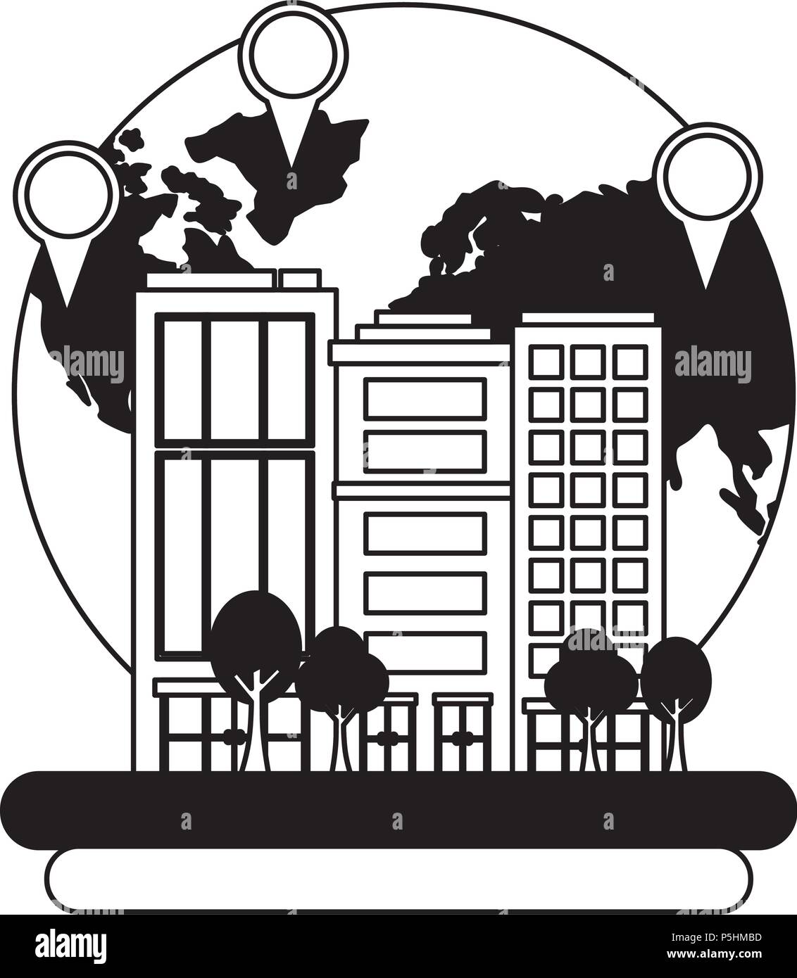 cityscape buildings with planet earth and pin location vector ...