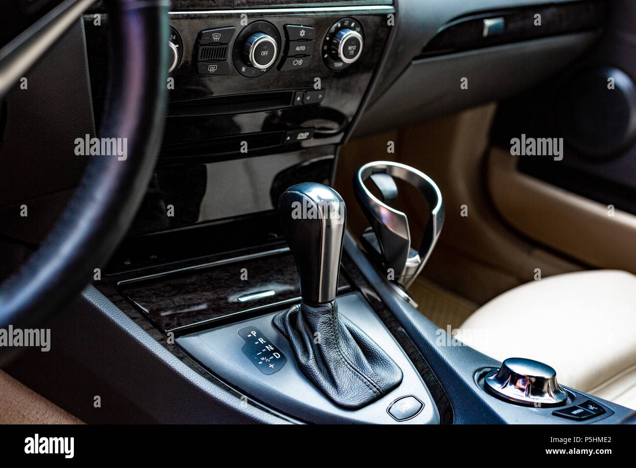 car interior. Modern car speedometer and dashboard. Luxurious car ...