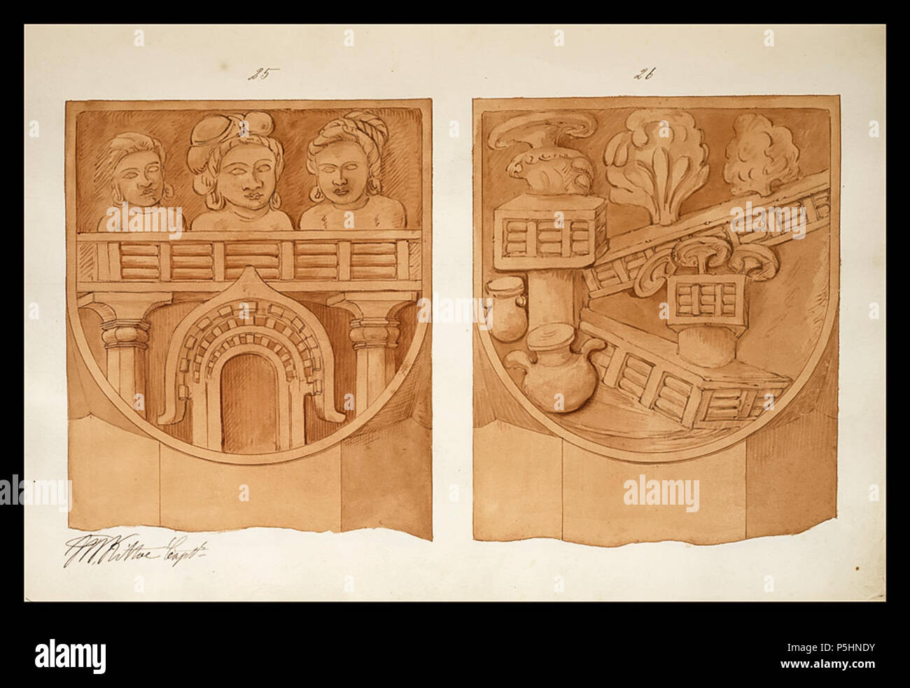1847 drawing by Kittoe, 3 women and chaitya, Buddhist Bodhgaya ...