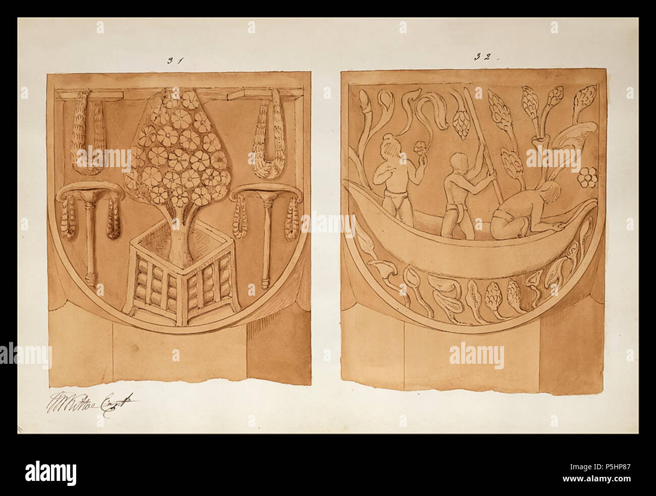 1847 drawing by Kittoe, Kalpavriksha, Boat, Buddhist Bodhgaya Mahabodhi ...