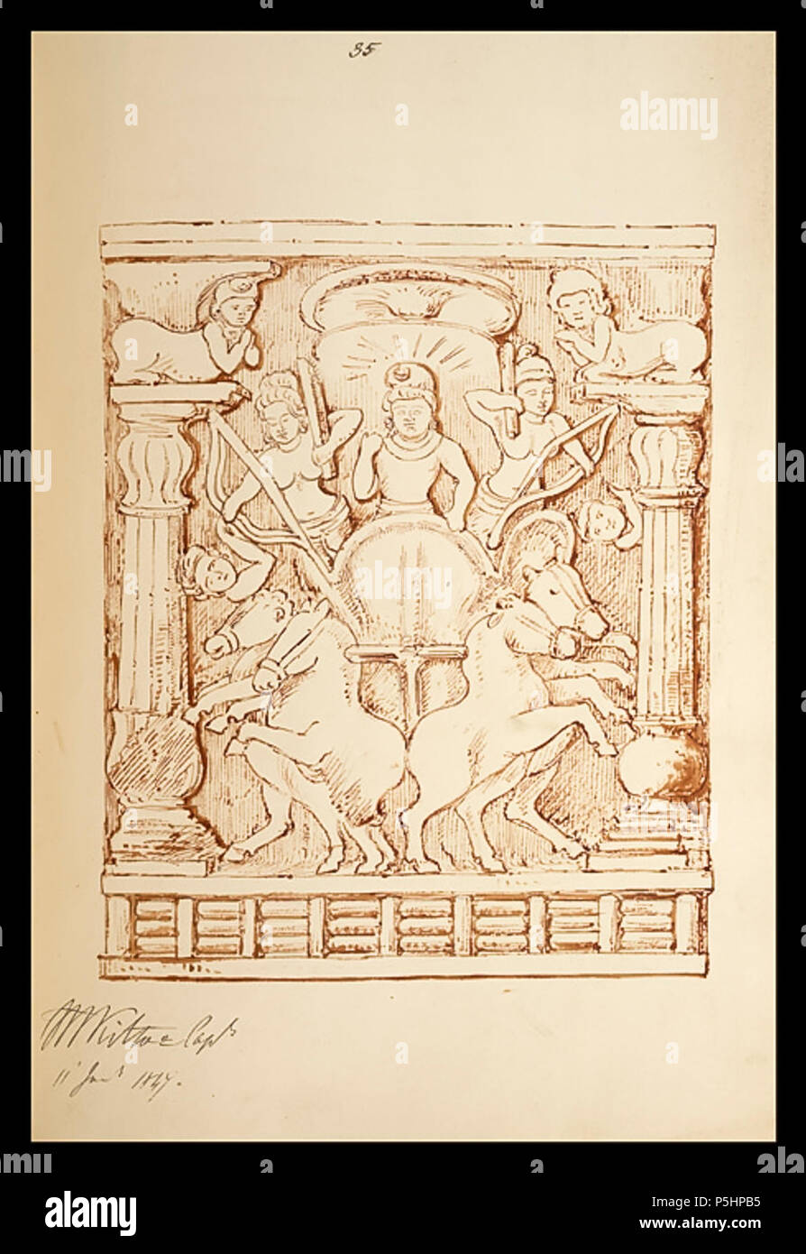 1847 drawing by Kittoe, Surya in chariot, Buddhist Bodhgaya Mahabodhi ...