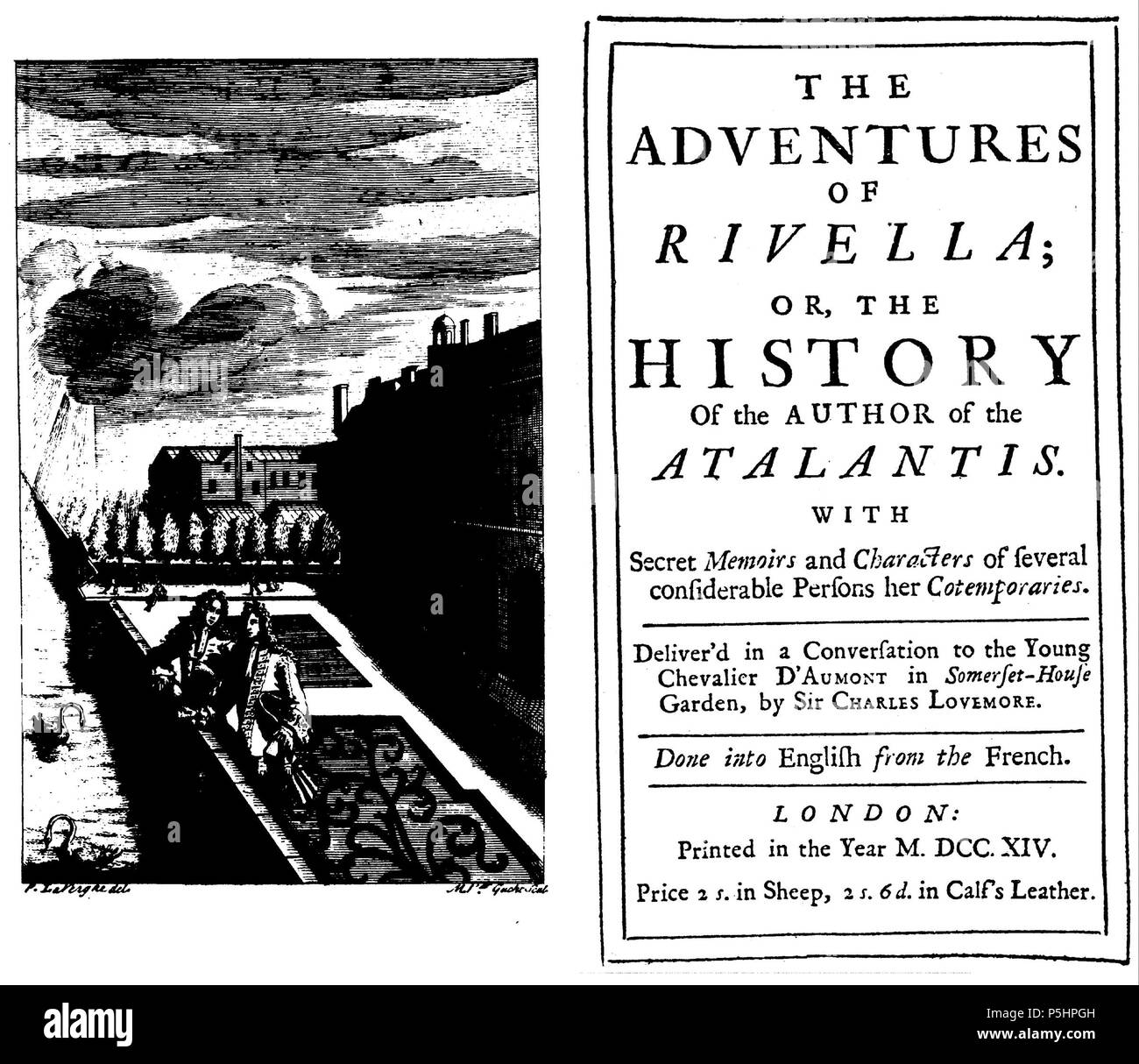 N/A. English: Frontispiece and title cover of Delarivier Manley's ...