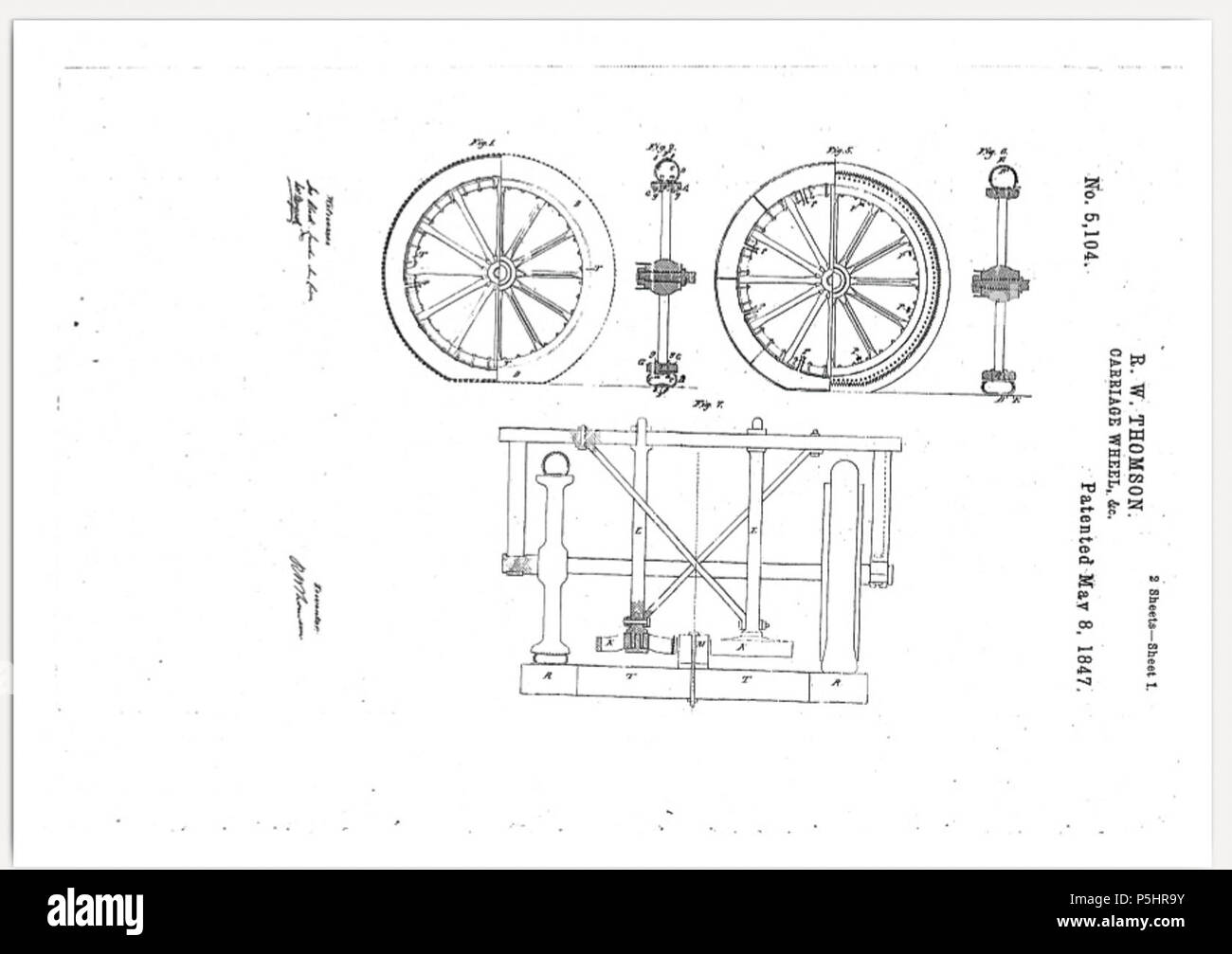 1847 US Patent 5104 Robert William Thomson Carriage Wheel with air ...