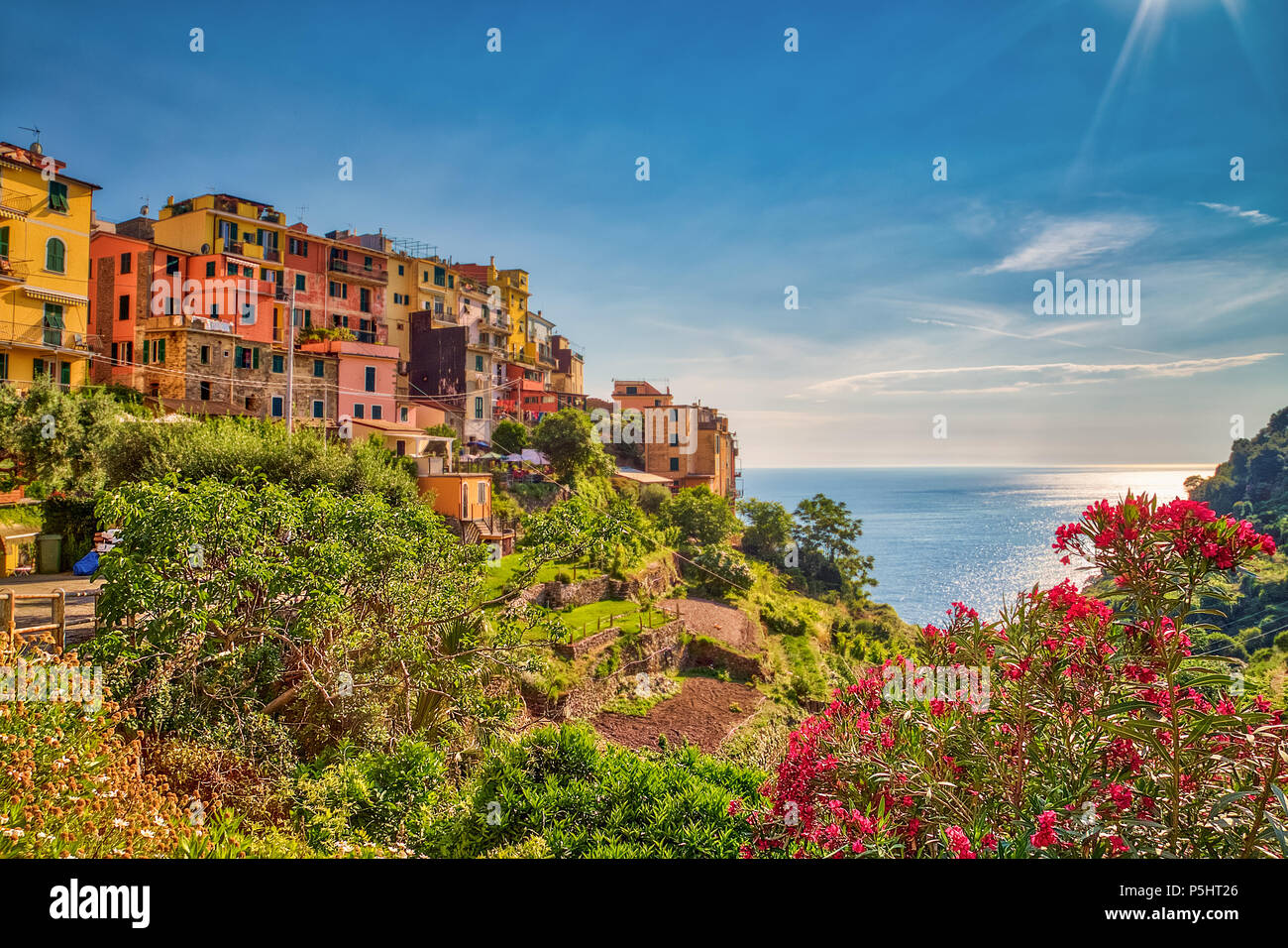 colorful houses overlooking the sea in Italian Five Lands Stock Photo ...