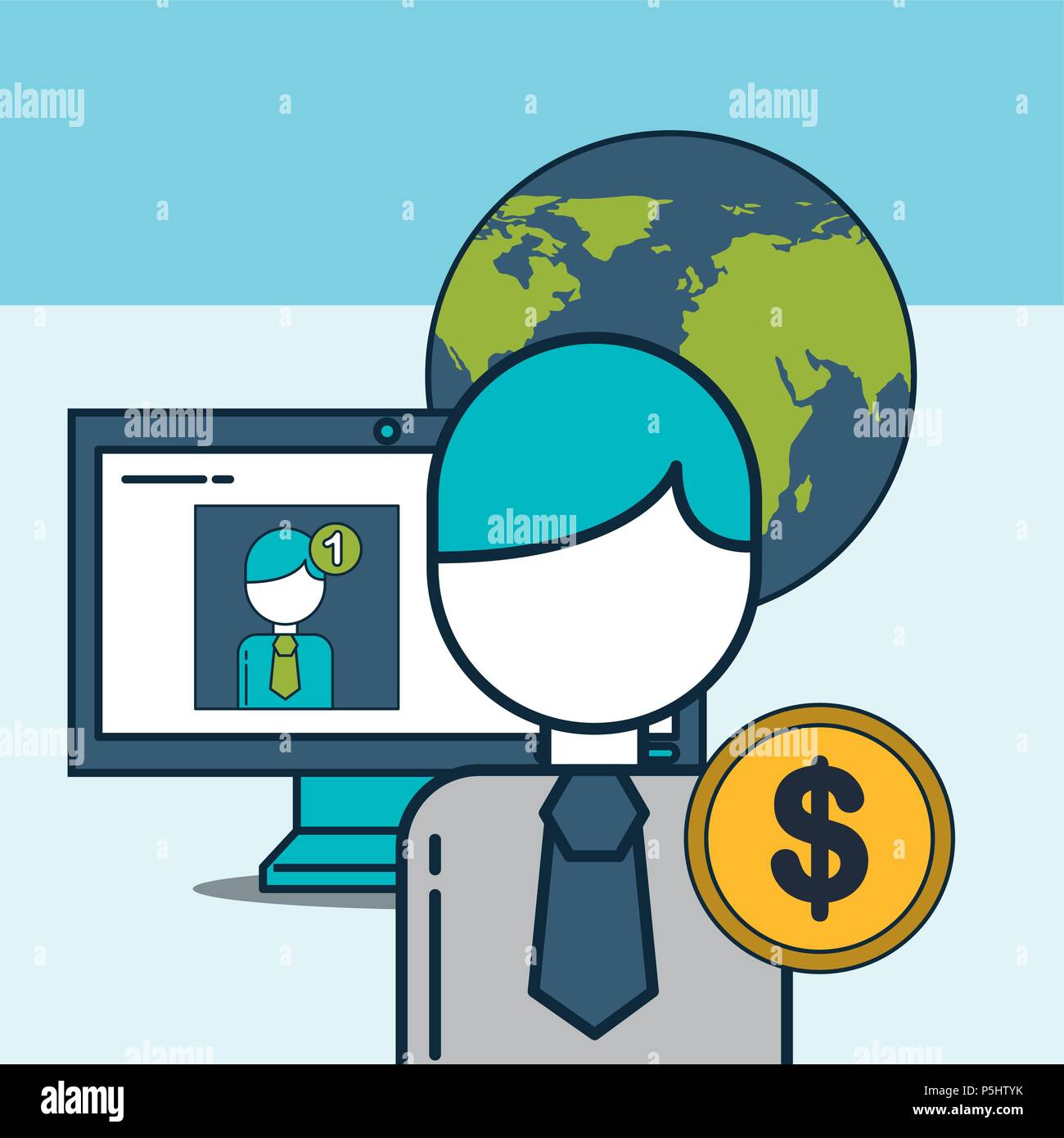 businessman computer world money digital marketing vector illustration ...