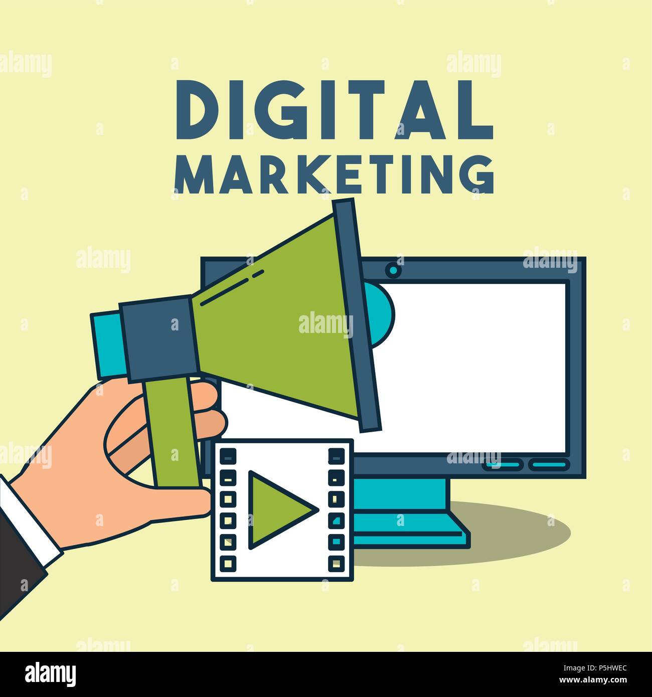 digital marketing hand holding megaphone computer video vector ...