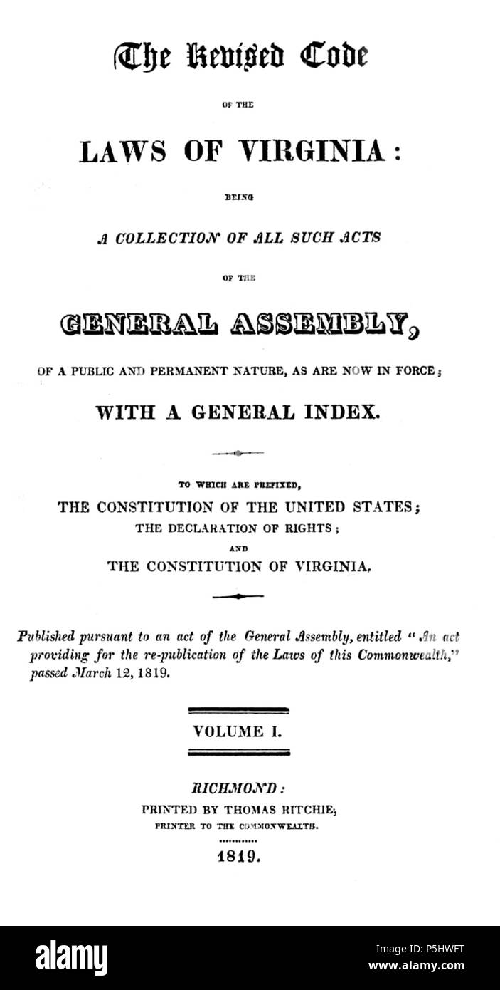 N/A. English: Title page to the 1819 Code of Virginia. 1819. State of ...