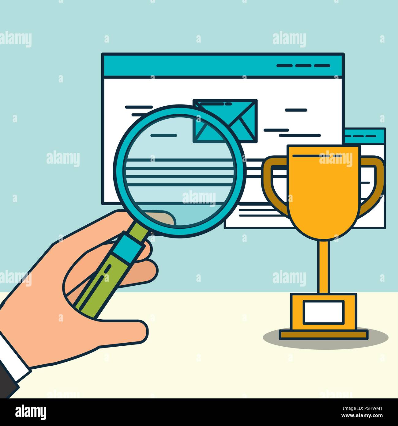 hand holding magnifying glass email trophy digital marketing vector ...