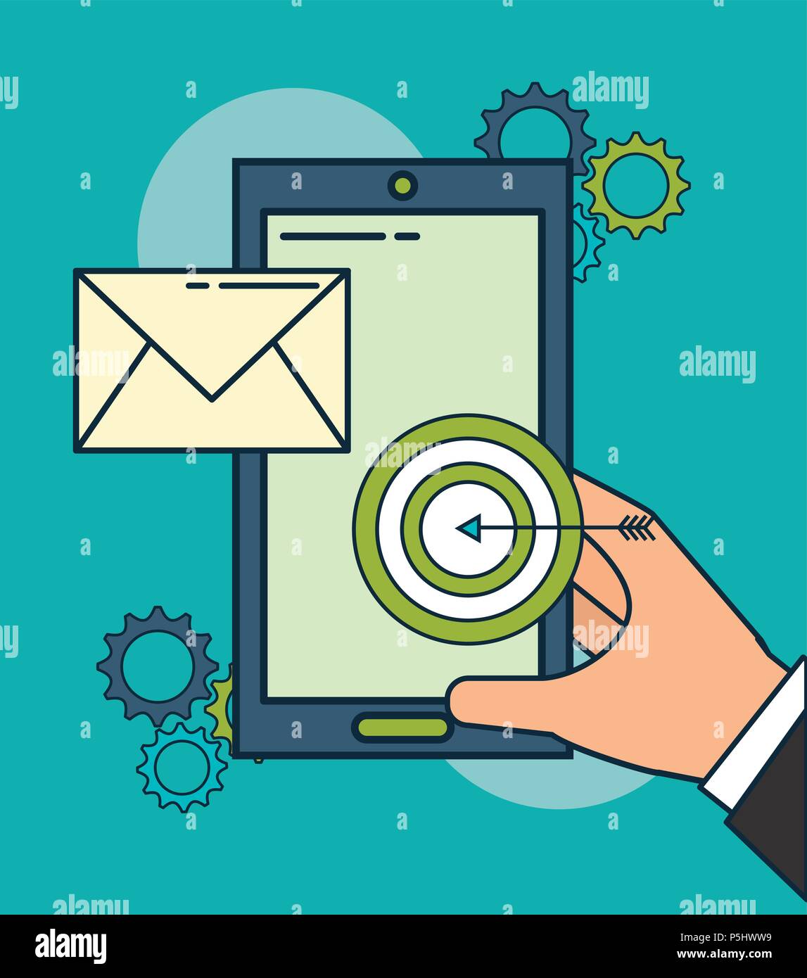 hand with smartphone email target digital marketing vector illustration ...