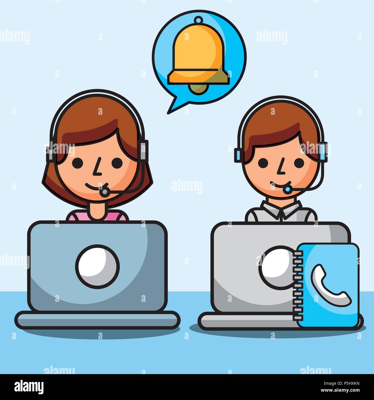 operator woman and man using laptop customer service vector ...