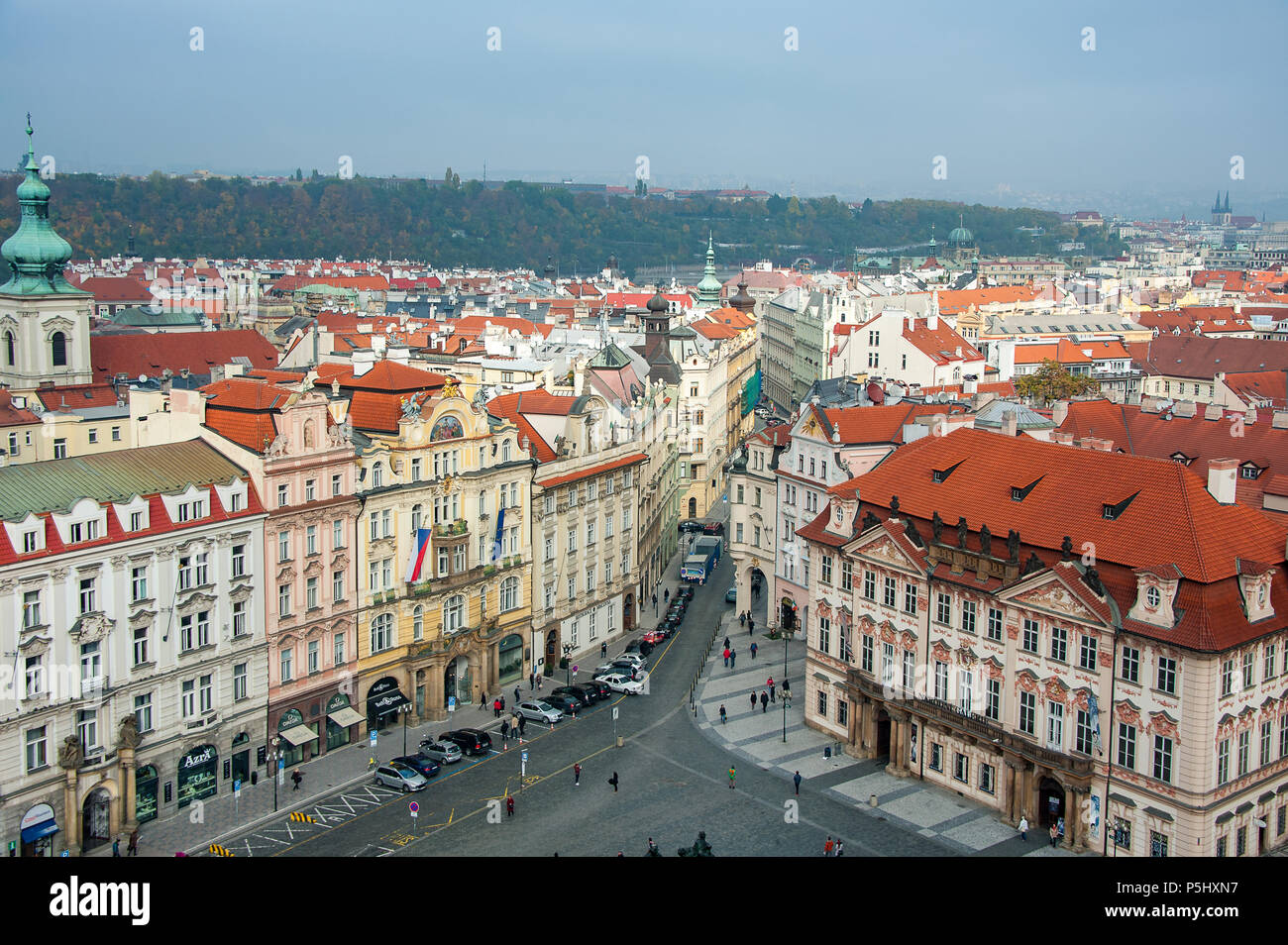Aerial view from top of Clock Tower over old town rooftops, Prague city ...