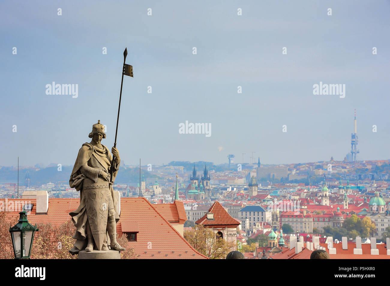 St. Wenceslas statue overlooks Prague city. Sculpture by Cenek Vosmik ...