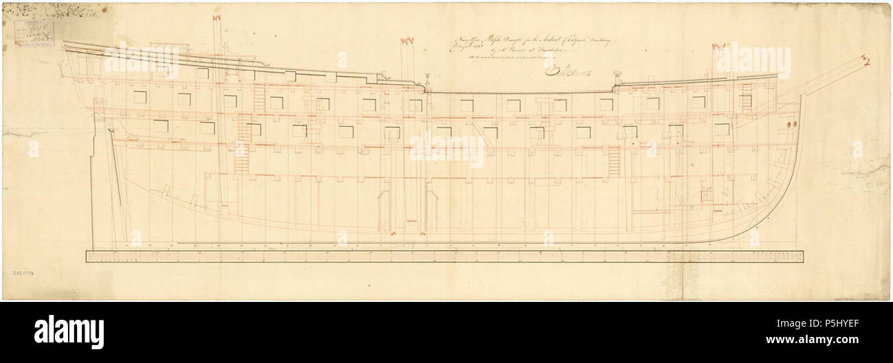 N/A. English: Plan showing the inboard profile for Ardent (1782), a 64 ...