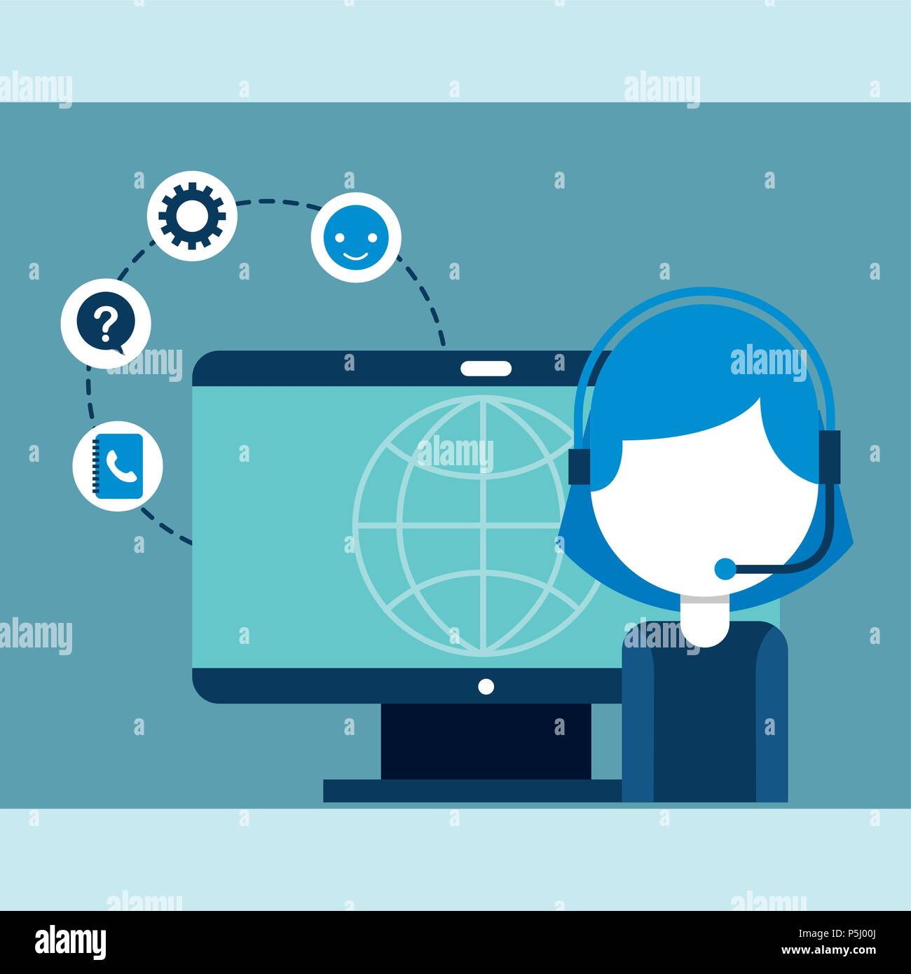 operator woman headset and computer world customer service vector ...