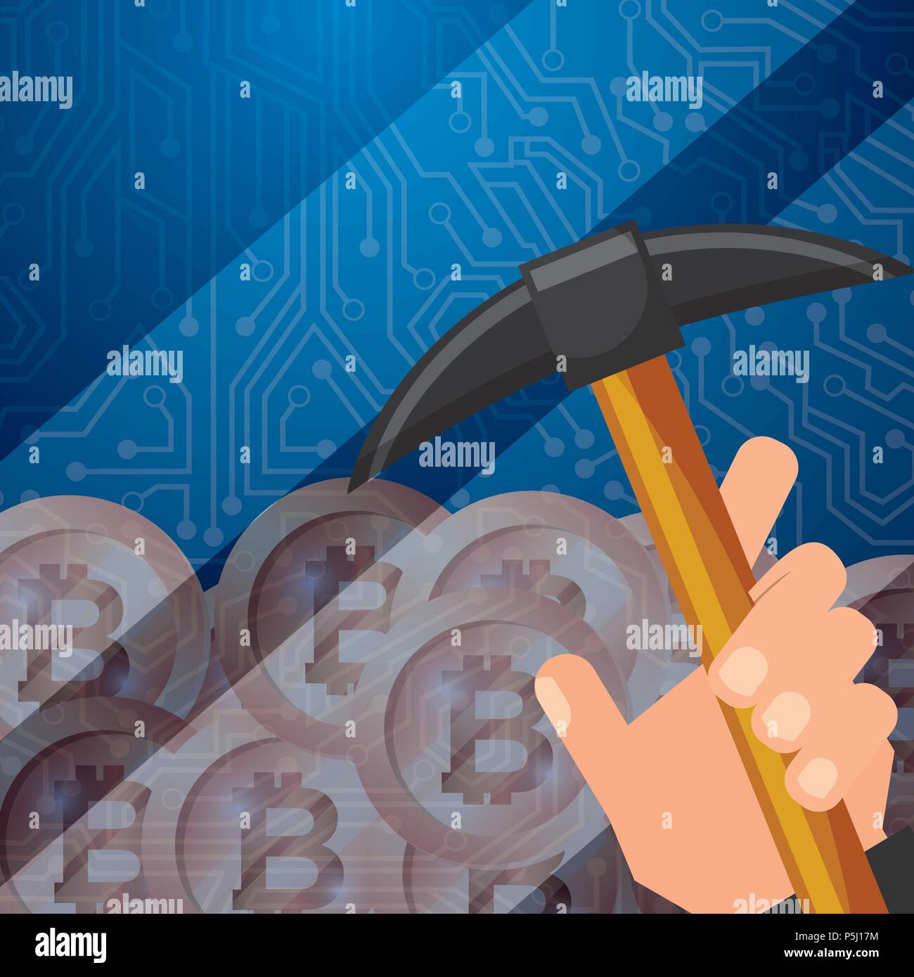 hand holding pickaxe bitcoins mining vector illustration Stock Vector ...