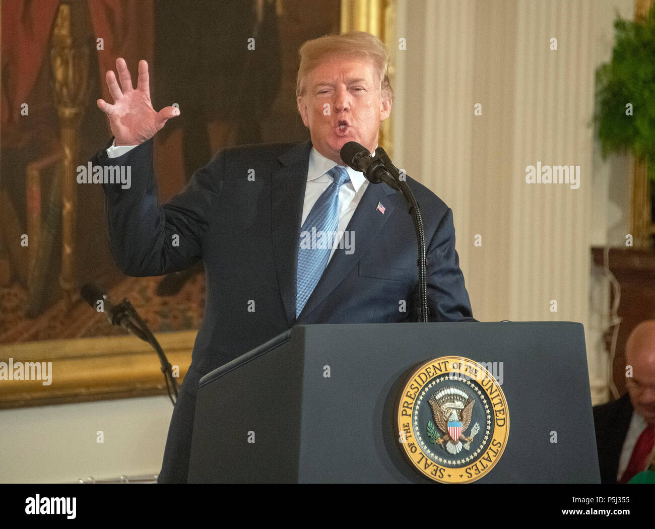 United States President Donald J. Trump makes remarks as he hosts a ...