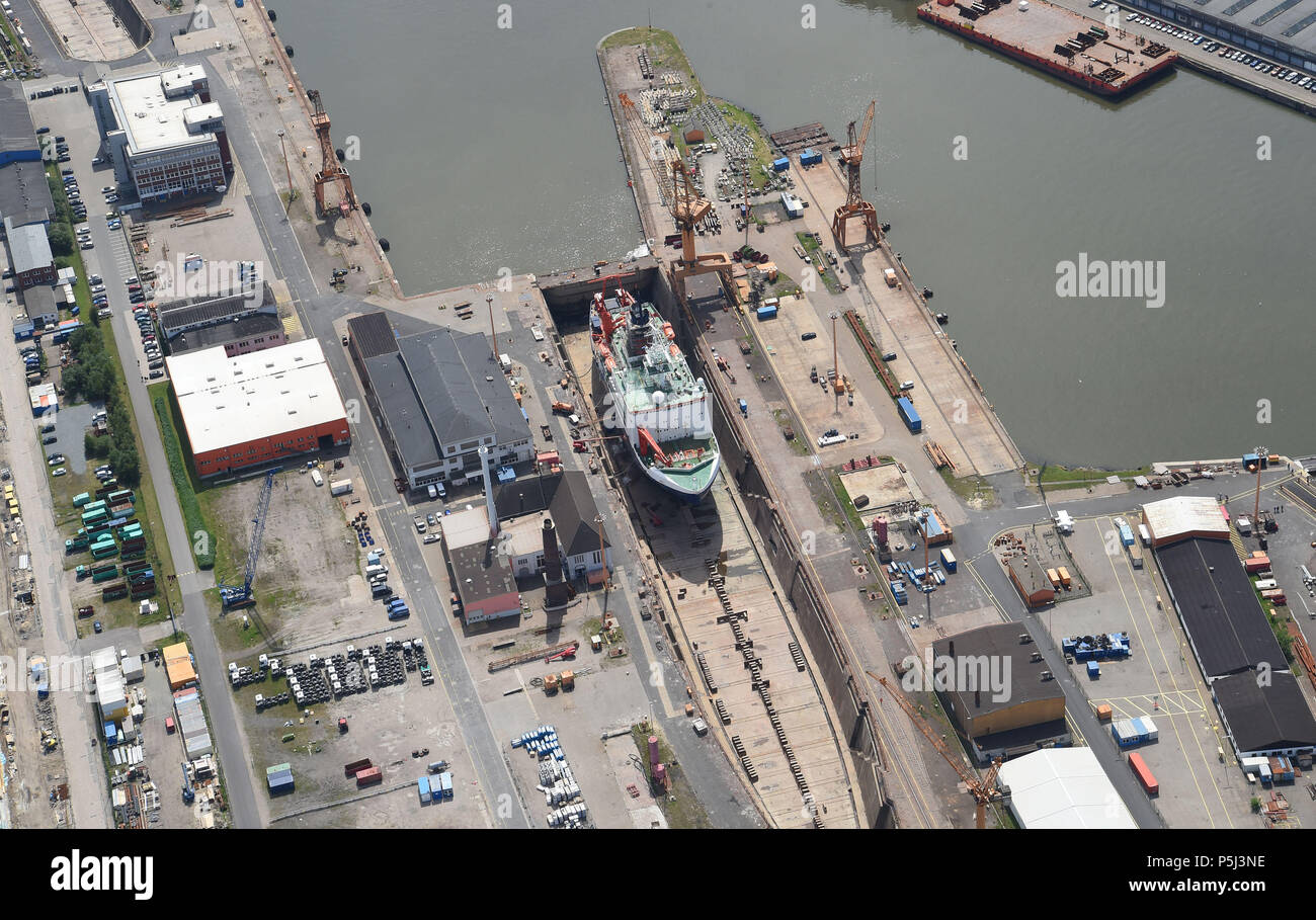 Germany, Bremerhaven. 15th June, 2018. The aerial view shows the ship ...