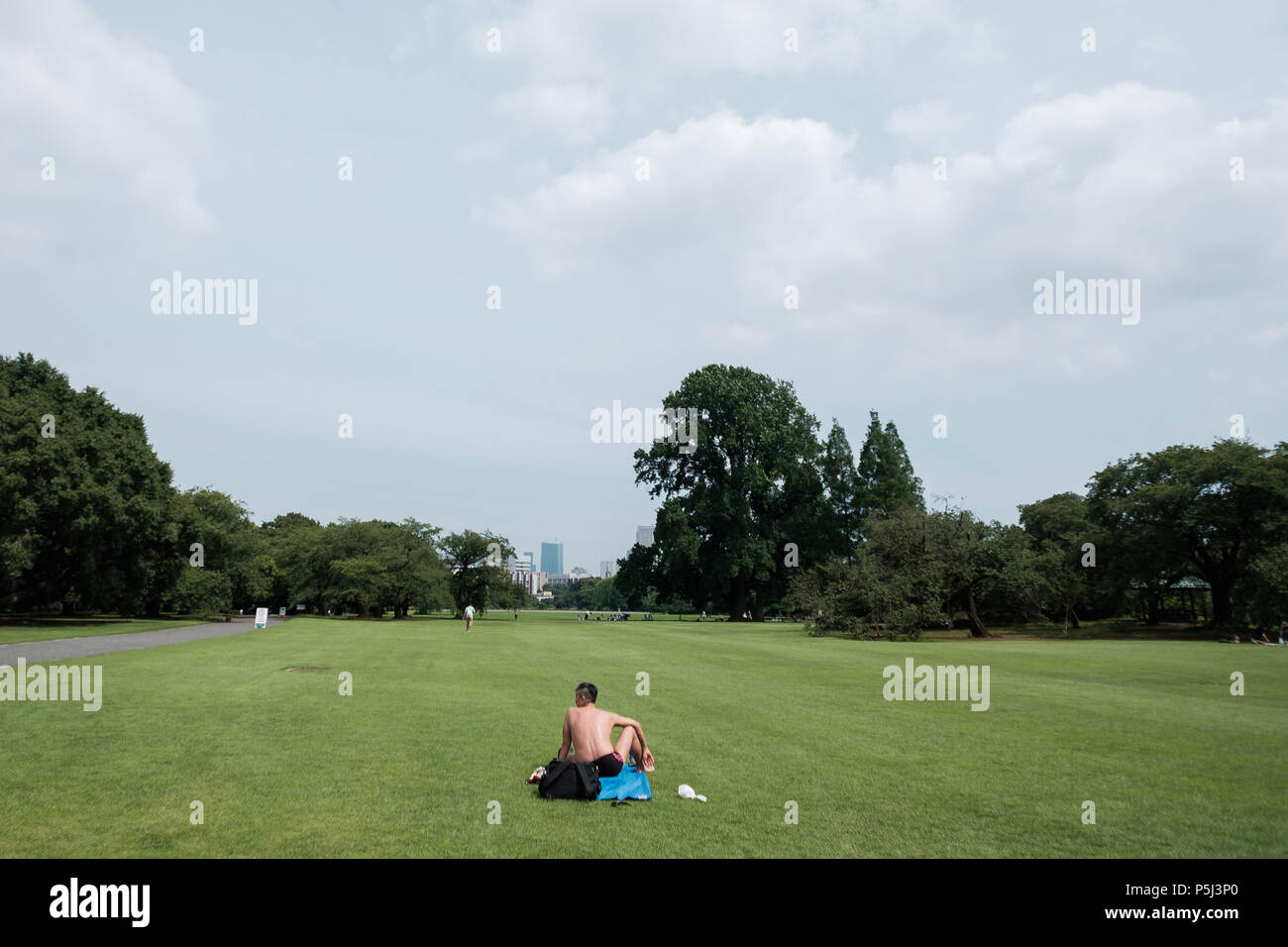 A man enjoy sunny weather in Shinjuku Gyoen park in Shinjuku, Tokyo ...