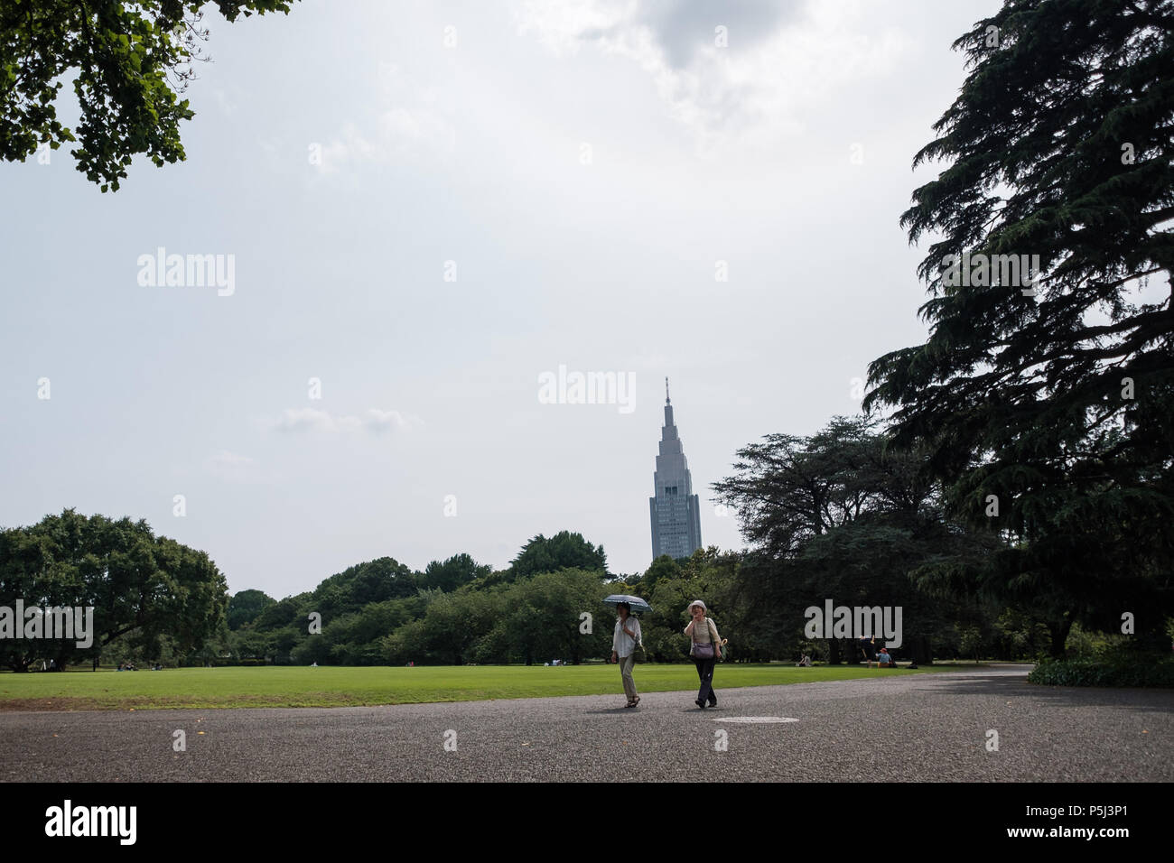 Two ladies with umbrella enjoy sunny weather in Shinjuku Gyoen park in ...