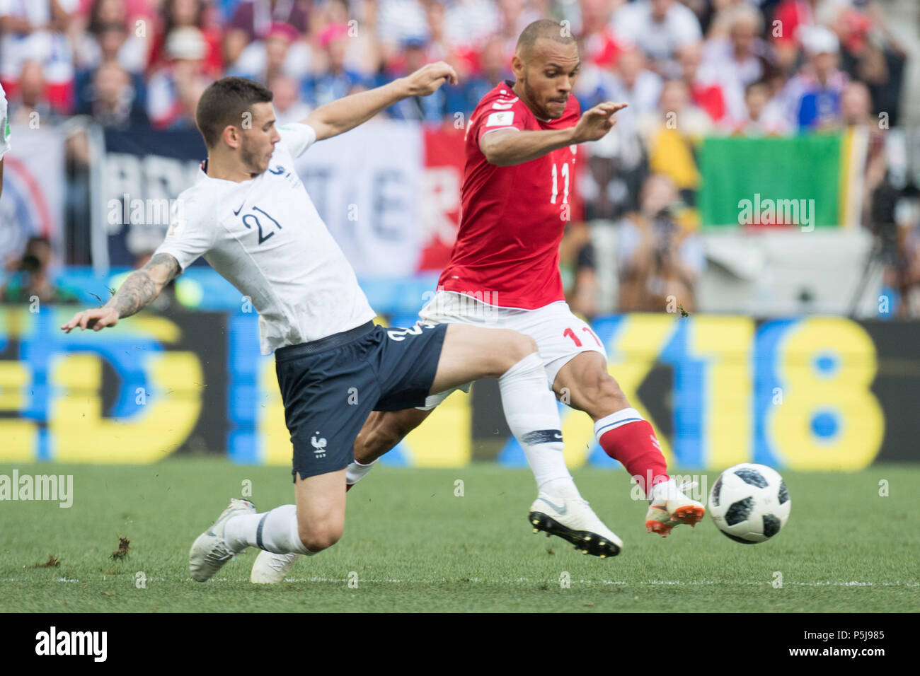 Lucas HERNANDEZ (left, FRA) versus Martin BRAITHWAITE (DEN), action ...