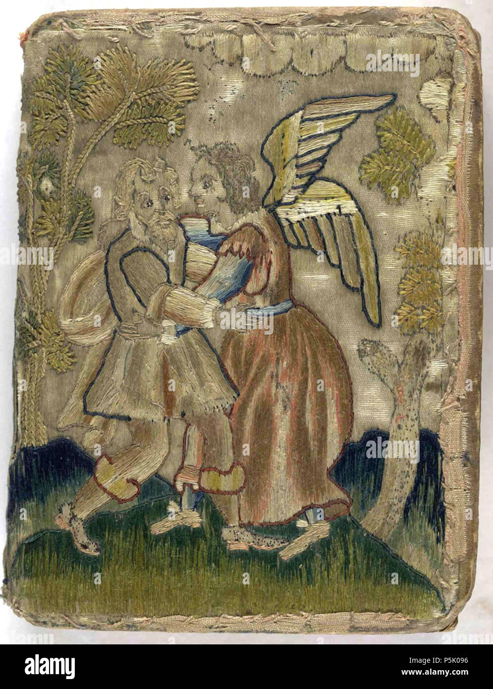 N/A. English: 17th century embroidered satin book with pictorial angel ...